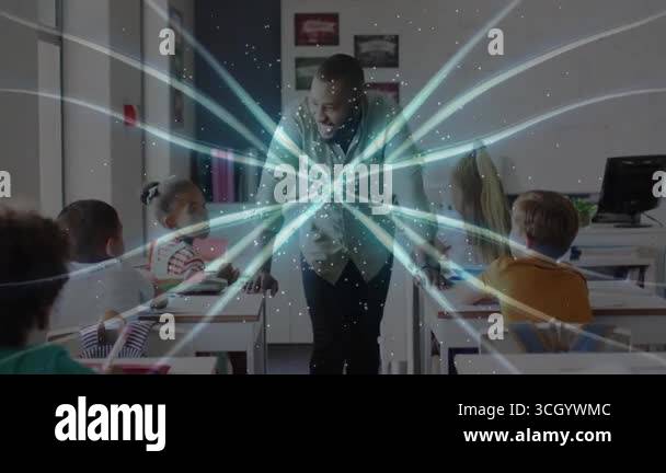 Educator entering classroom and greeting pupils, emitting blue-green ...