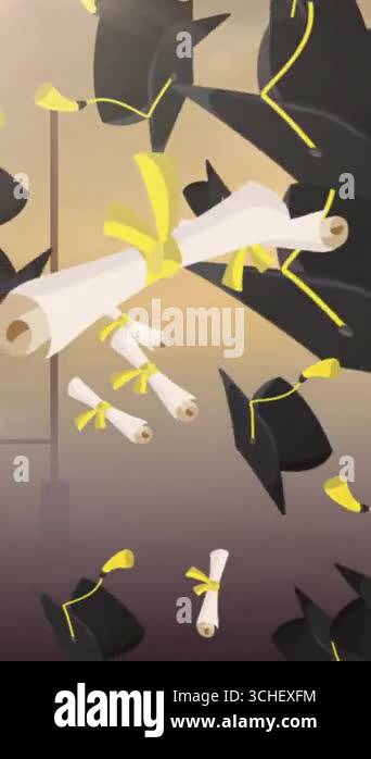 Graduation caps and diplomas animation over sunset background ...