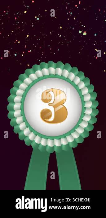 Animation of green and white rosette with number 3 and falling confetti ...