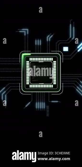 Microchip with green circuits and data flow animation on black ...