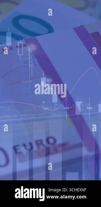 Animation of financial data processing over euro currency banknotes ...