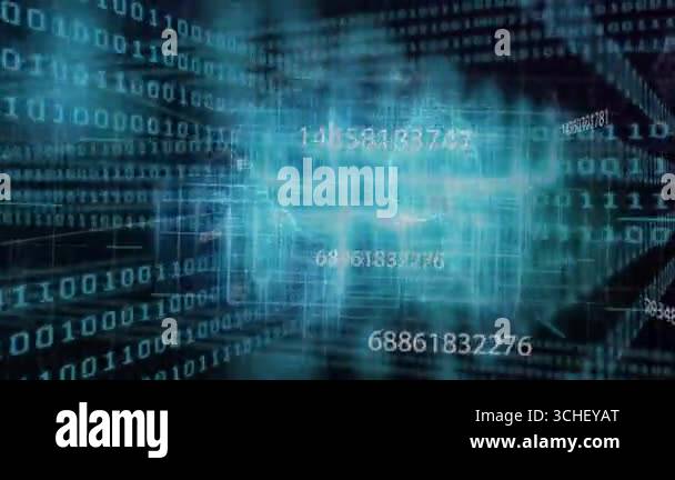 Floating cube rotating after entering binary tunnel to reveal pulsing world map outlines and ...