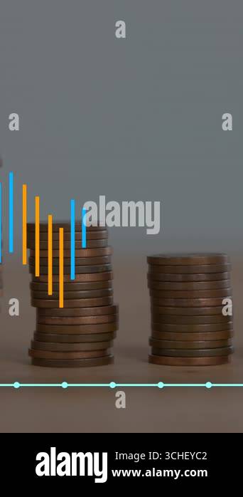 Animation of financial data processing over stacks of coins. Global ...