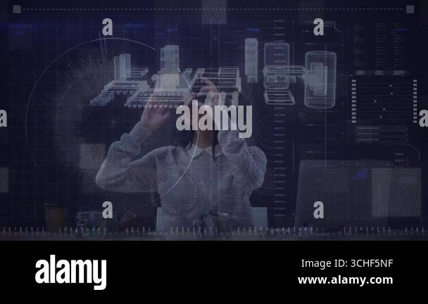 Woman lifting VR headset and rotating architectural hologram, selecting ...