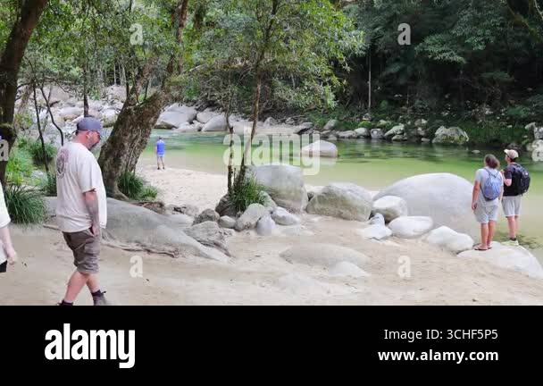Visitors walk along a scenic riverbank surrounded by lush greenery and ...