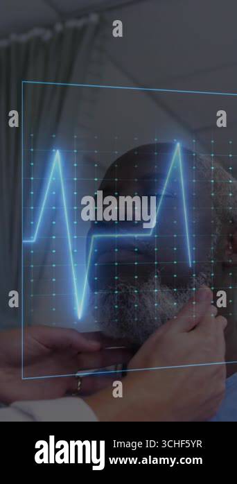 Animation of heart rate monitor over female doctor examining the jaw of ...
