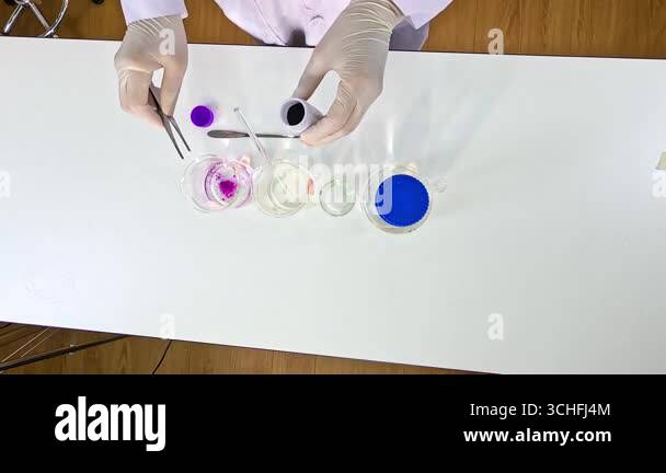 A scientist demonstrates a color change experiment using potassium ...