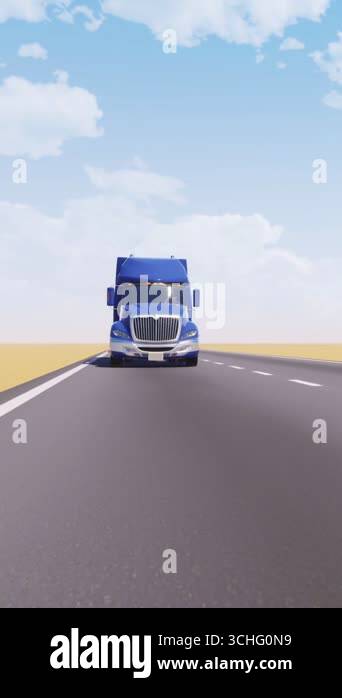 Front view of approaching cartoon freight semi-truck with blue truck ...