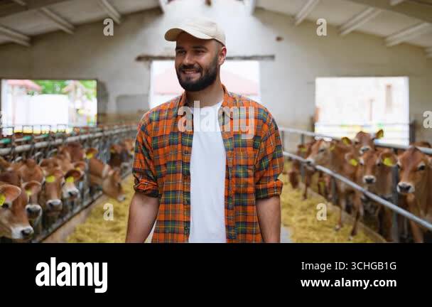 Agriculture professional proudly observing healthy livestock in a well ...