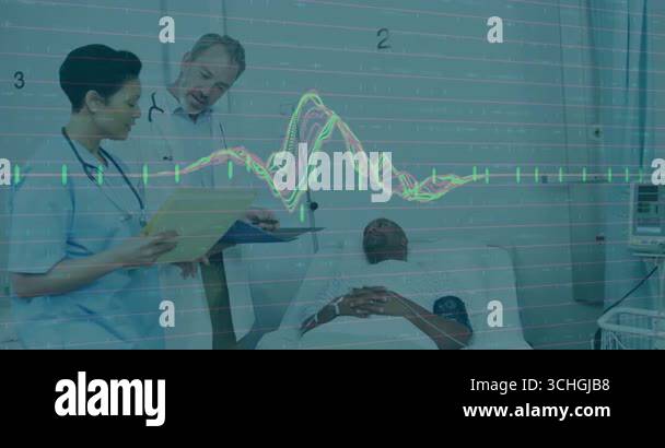 Waveform overlay appearing, nurse reviewing chart and doctor analyzing ...