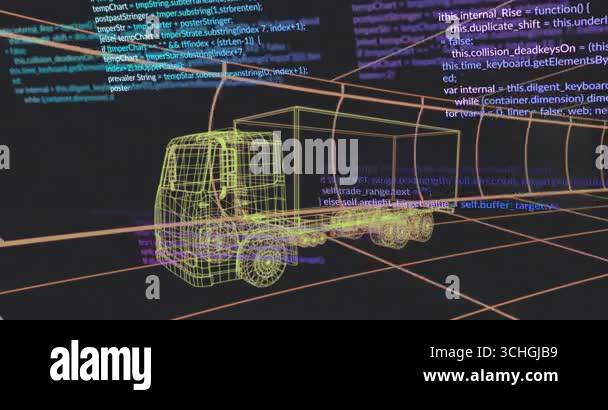 At start, code fragments scrolling around yellow wireframe truck model ...