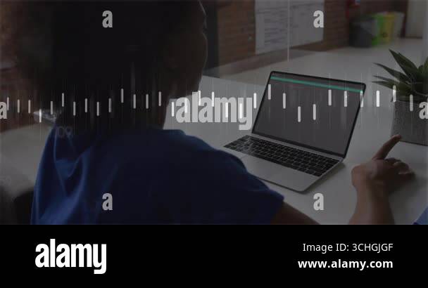 Data analyst woman hovering hand near laptop trackpad and generating animated bars revealing ...