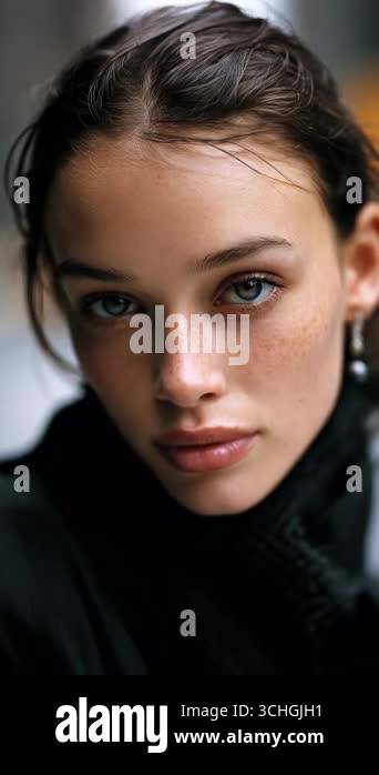 Close-up portrait showing a woman with a soft, introspective expression ...