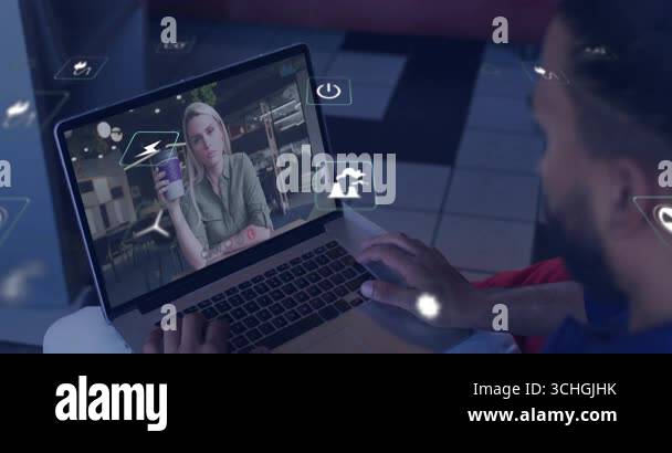 Man launching call with colleague in cafe discussing environment, showing floating energy icons ...