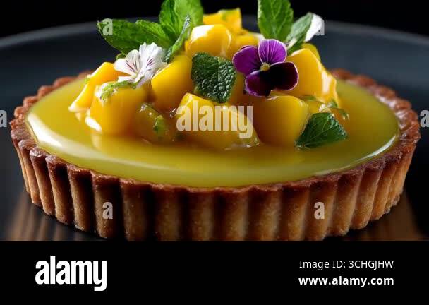 Fresh mango tart garnished with vibrant mint leaves and delicate edible ...