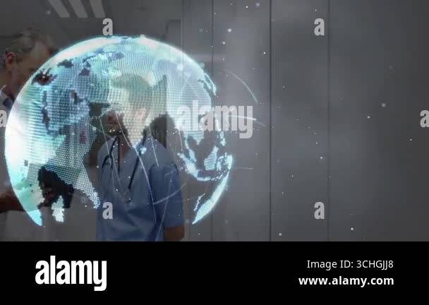 Medical doctor tapping tablet starting globe spinning for joint review ...