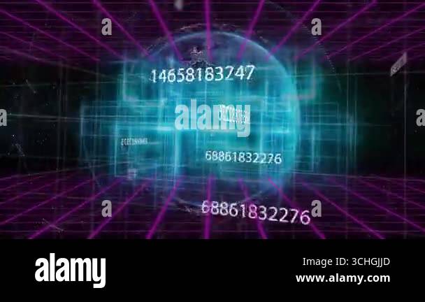 Opening on magenta grid cyan cube pulsing into rotating data globe numerics showing live ...