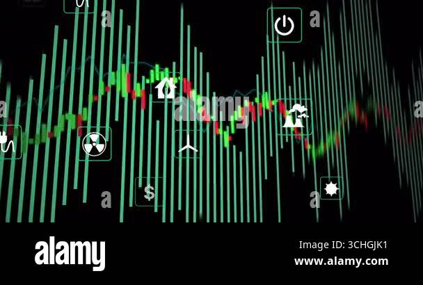 Green bars flickering and oscillating, candlestick line tracing, energy icons pulsing and ...