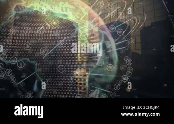 Upon data labels animating, dotted globe rotating clockwise and pulsing ...