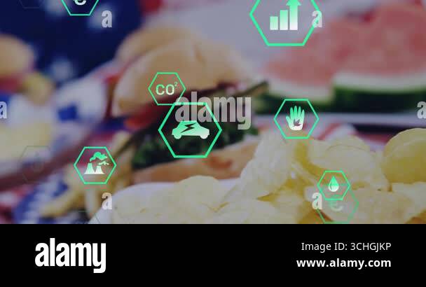 Close-up burger shot opening with floating green icons sliding and ...