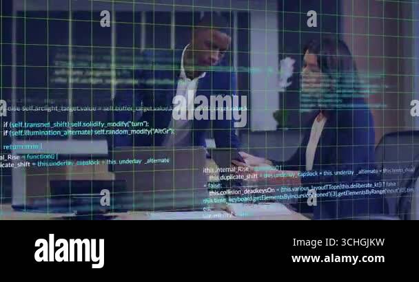 Colleagues pointing at tablet screen and initiating business visualization with green grid and ...