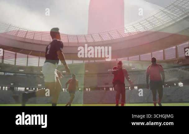 Descending rugby ball causing players leaping, rucking, securing ball ...