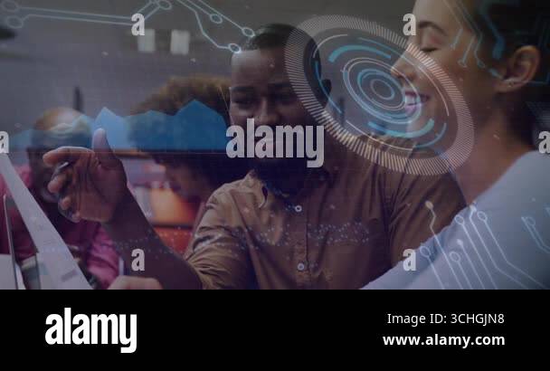 Team analyzing business dashboard after man clicking screen chart while ...