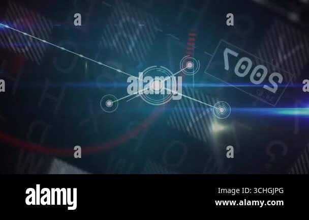 Central glowing node appearing linking nodes, pulsing circles and ...