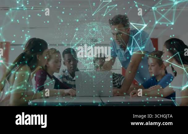 teacher typing laptop loading hologram globe while students leaning pointing at glowing data ...