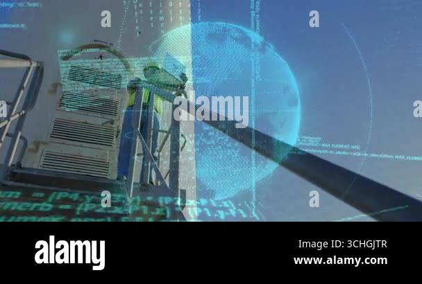 Technology technician climbing staircase checking laptop and initiating rotating globe data ...