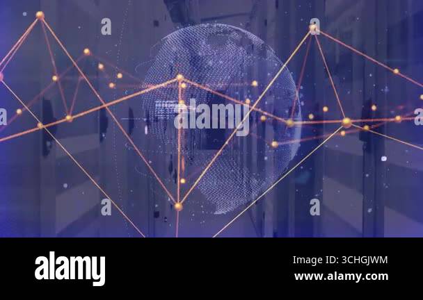 Flickering holographic globe rotating connecting network nodes ...