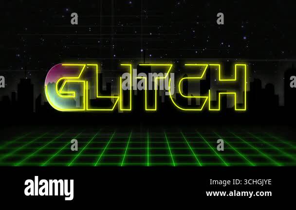 Opening shapes morphing into neon GLITCH text over grid and skyline ...