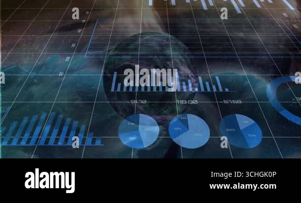Grid overlay fading initiating planet rotating bars sliding pies filling line graph tracing ...