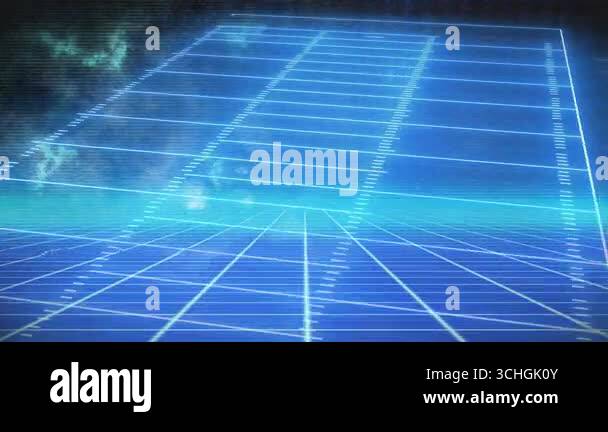 Neon-blue digital grid plane appearing pivoting upward, pulsing horizon ...