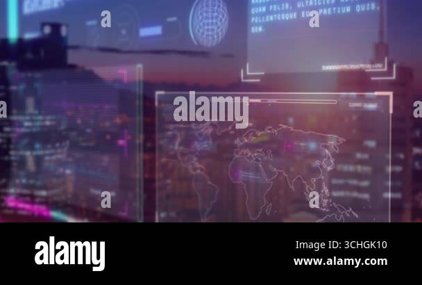 Skyline fading as holographic UI appearing pulsing map indicators and loading panels for ...