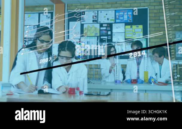 Student researchers measuring liquids in laboratory while timeline ...