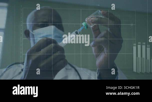 Physician positioning syringe drawing vaccine dose in clinic viewing ...