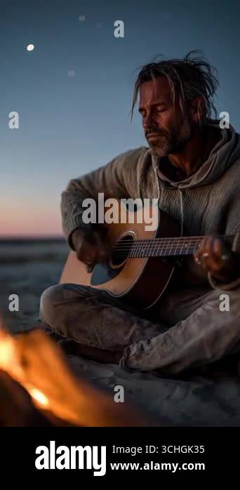 A man sits by a warm campfire, strumming an acoustic guitar under a ...