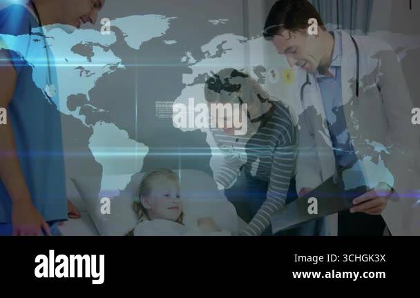 Doctor tapping tab initiating map overlay linking network while mother ...