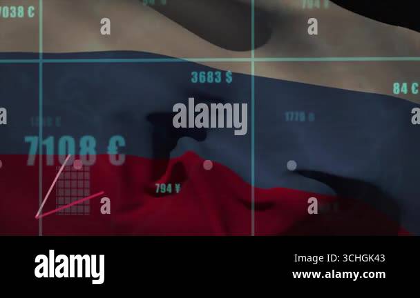 Waving Russian flag activating overlay with bar chart growing, shifting ...