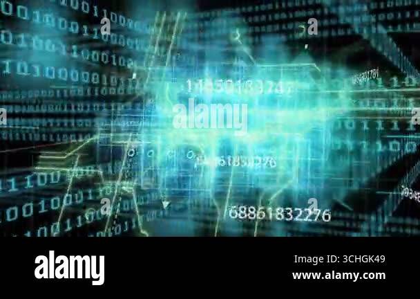 Binary stream flowing spawning neon-blue wireframe block pulsing numeric labels updating live ...