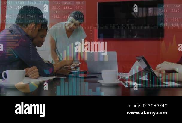 Business team swiping smartphone, activating graphs, pie charts around devices for data review ...