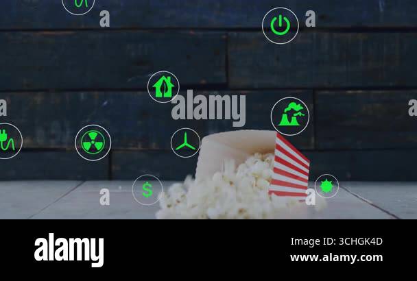 Dropping popcorn tubs spilling kernels green icons floating and ...