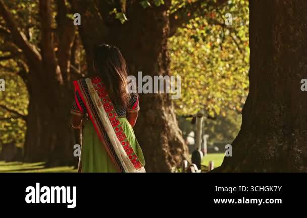 Back view of an unrecognizable Indian woman in a traditional outfit ...