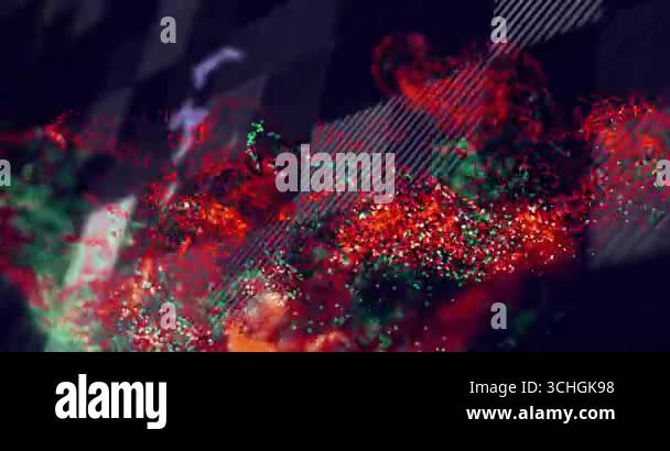 Swirling red-green particles forming globe rotating, stripe crossing ...