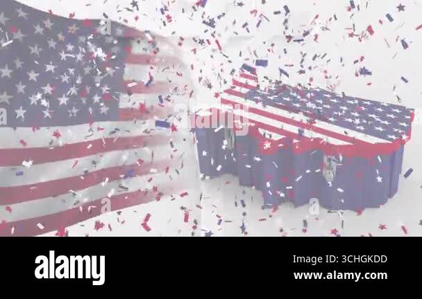 When wind blowing American flag, patriotic confetti swirling then ...
