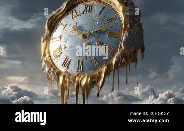 A surreal golden clock appears to melt and drip against a backdrop of ...