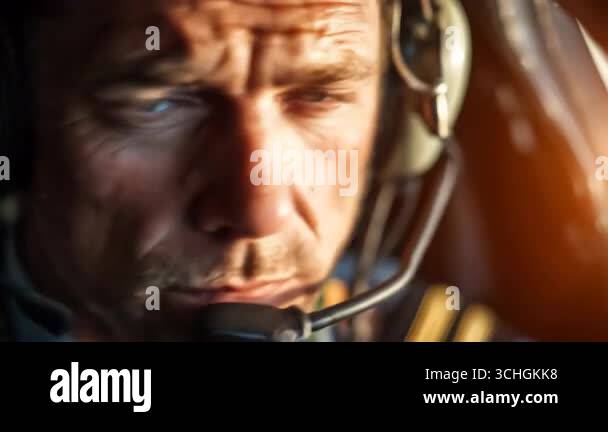 A focused pilot wearing a headset is captured in close up during flight ...
