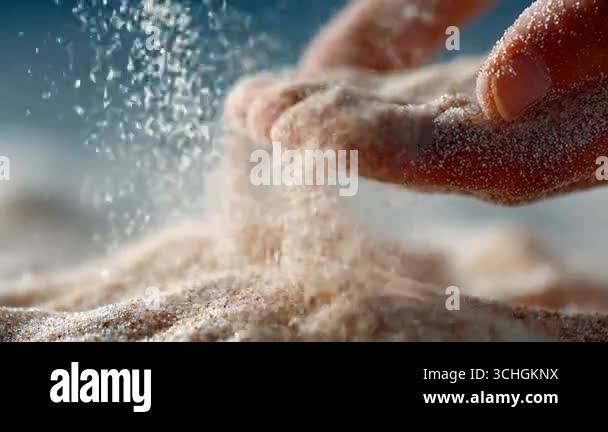 A close-up of a cropped unrecognizable person's hand gently sifting ...