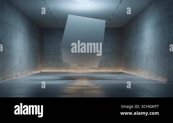 A large white cube floats and rotates in a minimalist concrete room ...